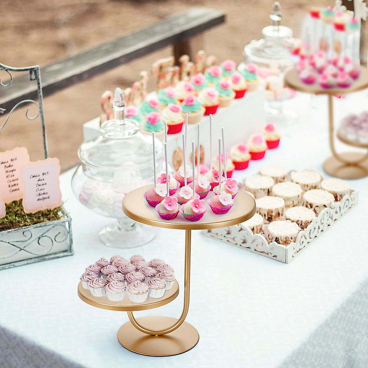 HUANGXIN 2 Tier Gold Cake Stand Metal Food Display Riser Stands Perfect for Desserts Cupcakes Pastry Candy Round Serving Tray Ideal for Wedding Birthday Party and Event