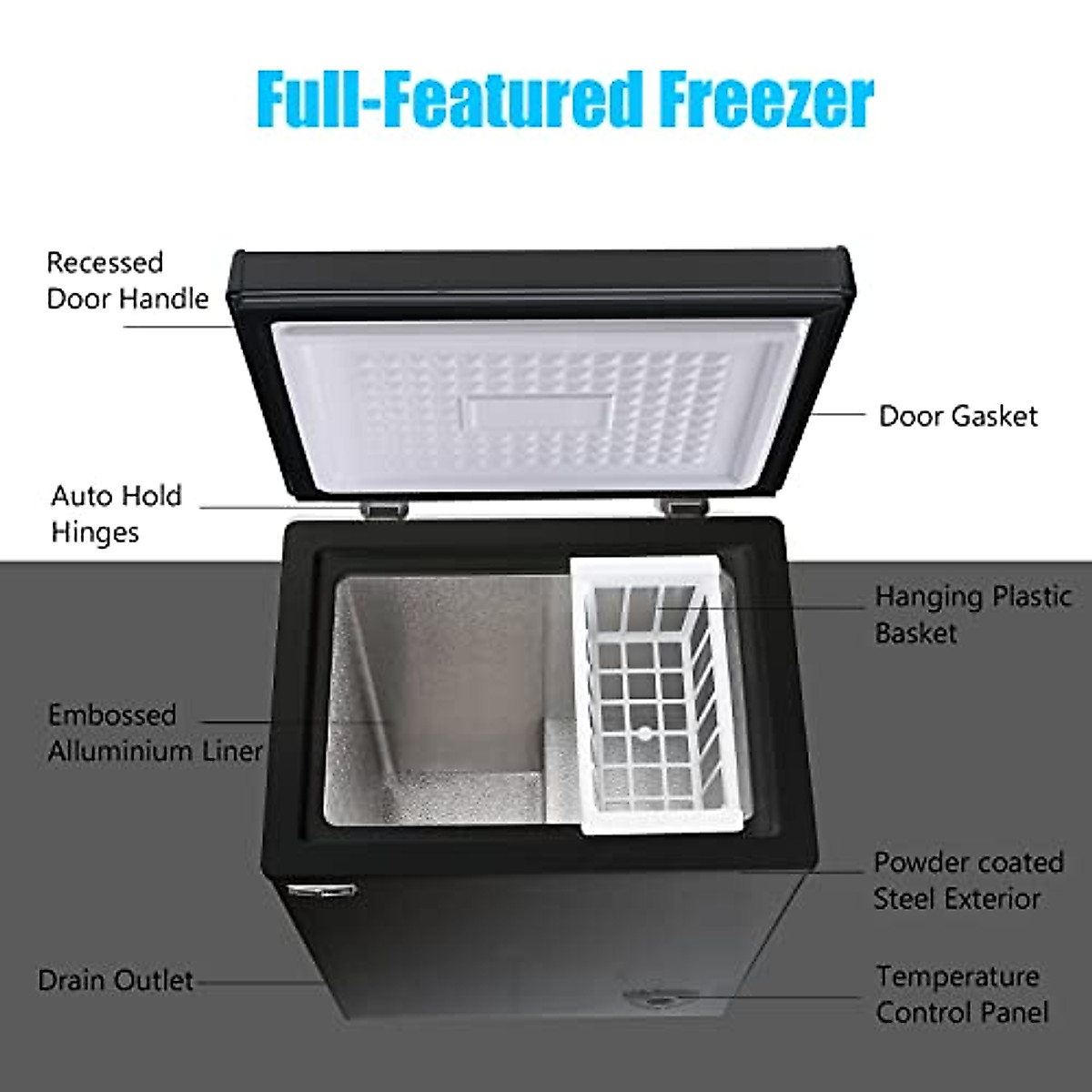 Chest Freezers Compact Mini Deep Freezer WANAI 3.5 Cu.Ft Free-standing Top Door Room Dorm Office Garage Freezer with 7 Adjustable Temp Control Removable Basket for Apartment Basement Business Rmovable Storage Basket for Home, Kitchen and Office, Black wit