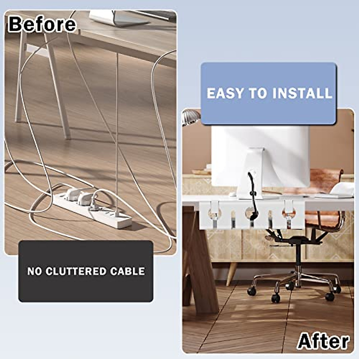 Under Desk Cable Management Tray - No Damage to Desk, Perfect Standing Desk Cable Management, Quszmd Under Table Cable Management Upgraded No Drill,Clamp Install Desk Cord Organizer Rack