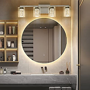 SineRise 4-Light Brushed Nickel Vanity Light with 3 Color Modes (3000K/4000K/6500K), Eye Protection LED Bathroom Light Fixture, Dimmable Modern Wall Light Over Mirror with Clear Glass Shades