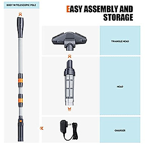 Handheld Pool Vacuum, 2200 mAh, 75+ mins Run time, 92'' Total Reach, Extendable Pool Cleaner, Twist Lock and Lightweight Design. Ideal for Spa, Small Swimming Pool Clean up, Gray