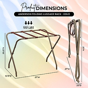 Kings Brand Furniture Anderson Folding Luggage Rack - Suitcase Stand With Storage Shelf - Folding Luggage Rack for Guest Room and Bedroom - Sturdy Portable and Stylish Metal Suitcase Stand - Gold