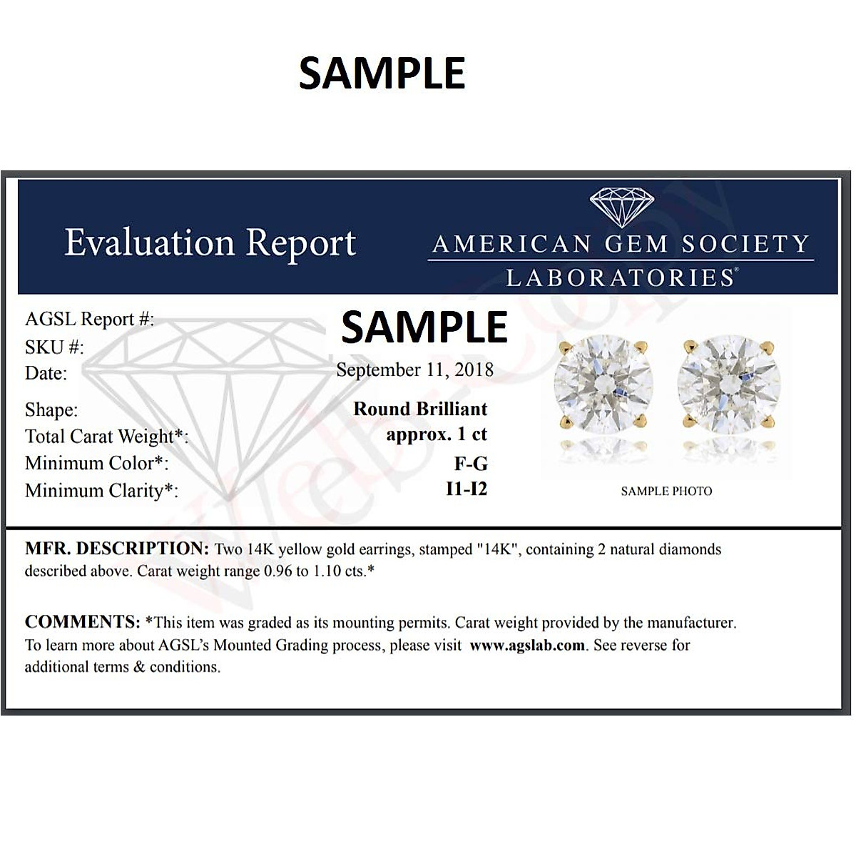 AGS Certified 1cttw Fine Diamond Stud Earrings in 14K Yellow Gold with Screw Backs (F-G Color, I1-I2 Clarity)