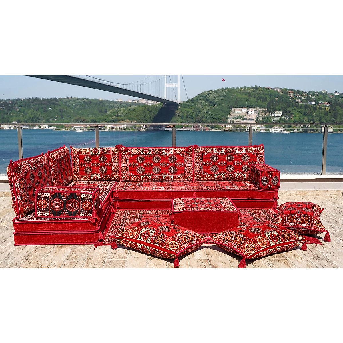 Red L Shaped Corner Arabic Sofa Seating, Arabic Majlis, Sectional Sofas, Moroccan Livingroom Home Decor, Turkish Floor Sofas (L Sofa Full Set)