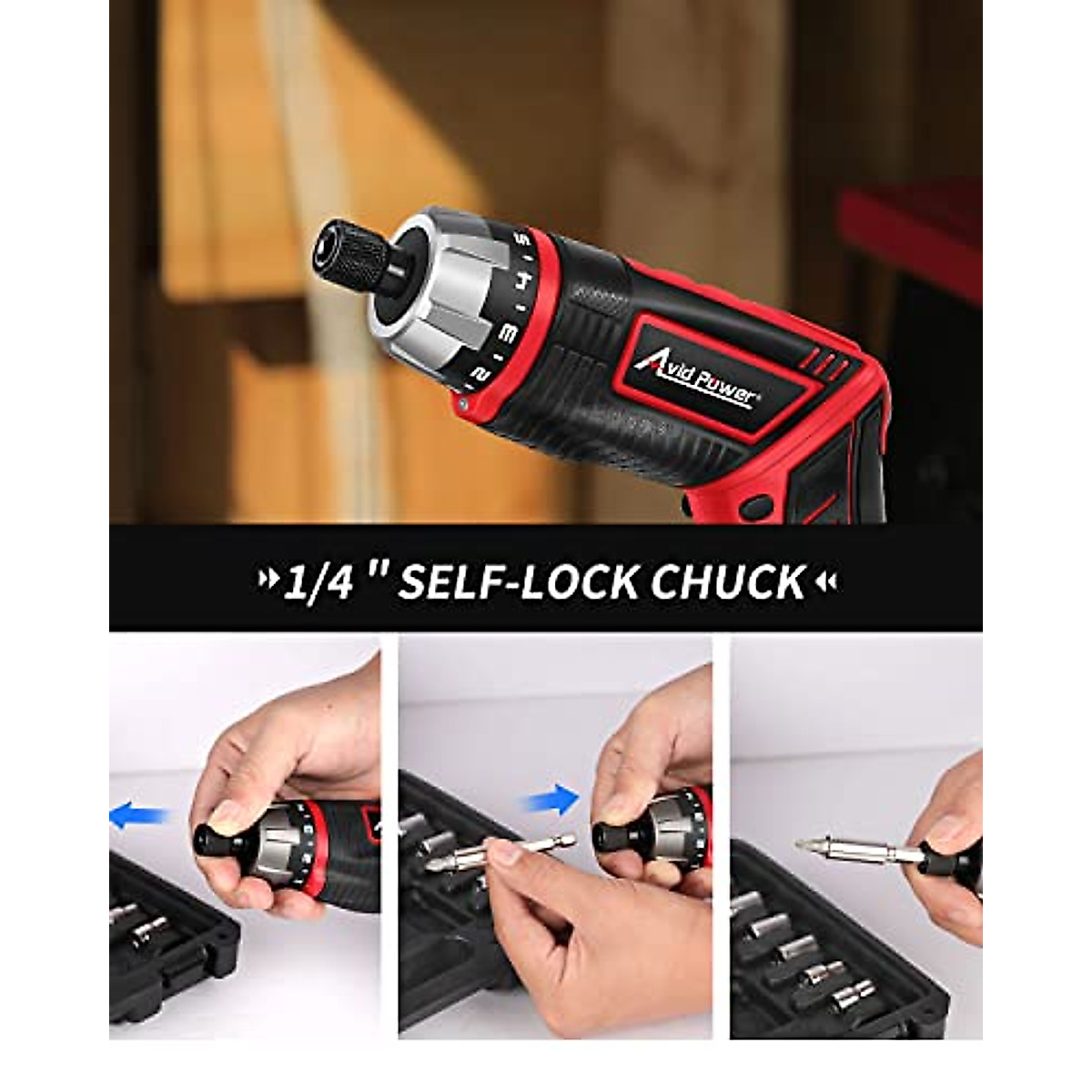 AVID POWER Electric Screwdriver Set Rechargeable 4V Cordless Screwdriver Kit with 44pcs Accessories, 5.65Nm Screw Gun, 5+1 Torque Setting, 2 Position Handle with LED Light