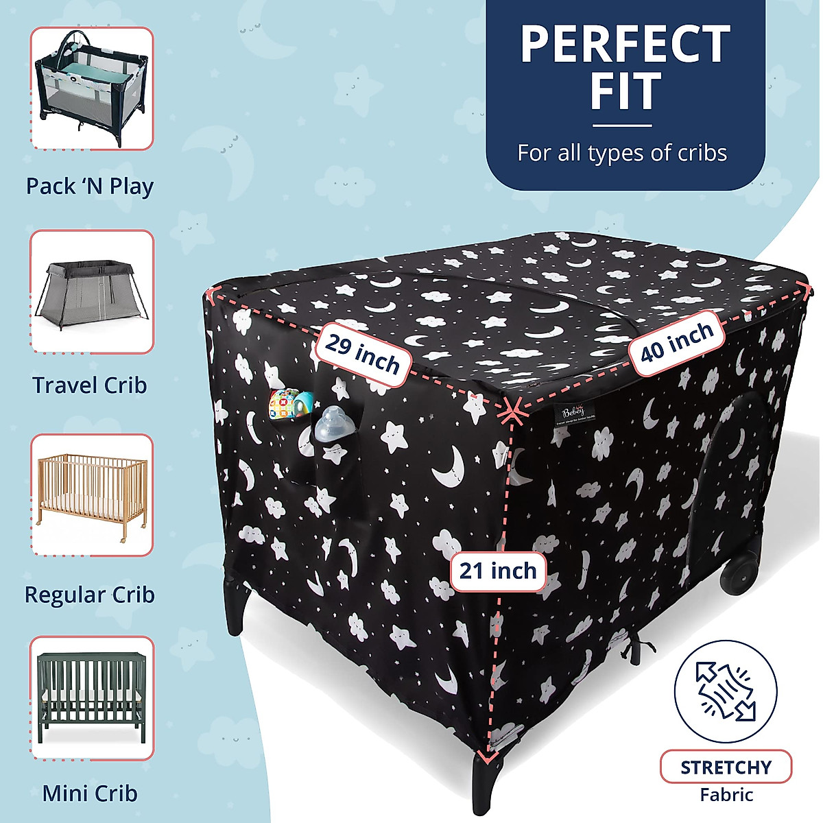 Bebey Pack n Play Blackout Cover - Blocks 97% of Light, Breathable and Stretchy Fabric with 1 Side Pocket, 3 Quick-Access Windows with Zippers - Blocks Light, Easy to Install, Portable, and Anti-climb