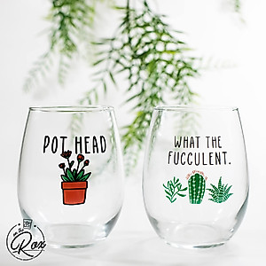 Succulent Plant Cactus Wine Gifts for Women- Set of 4 Funny Wine Glasses 15oz - Plant Lover Gift Mug - What the Fucculent- Crazy Plant Lady Glass Tumbler - Stemless Glasses Housewarming Gift
