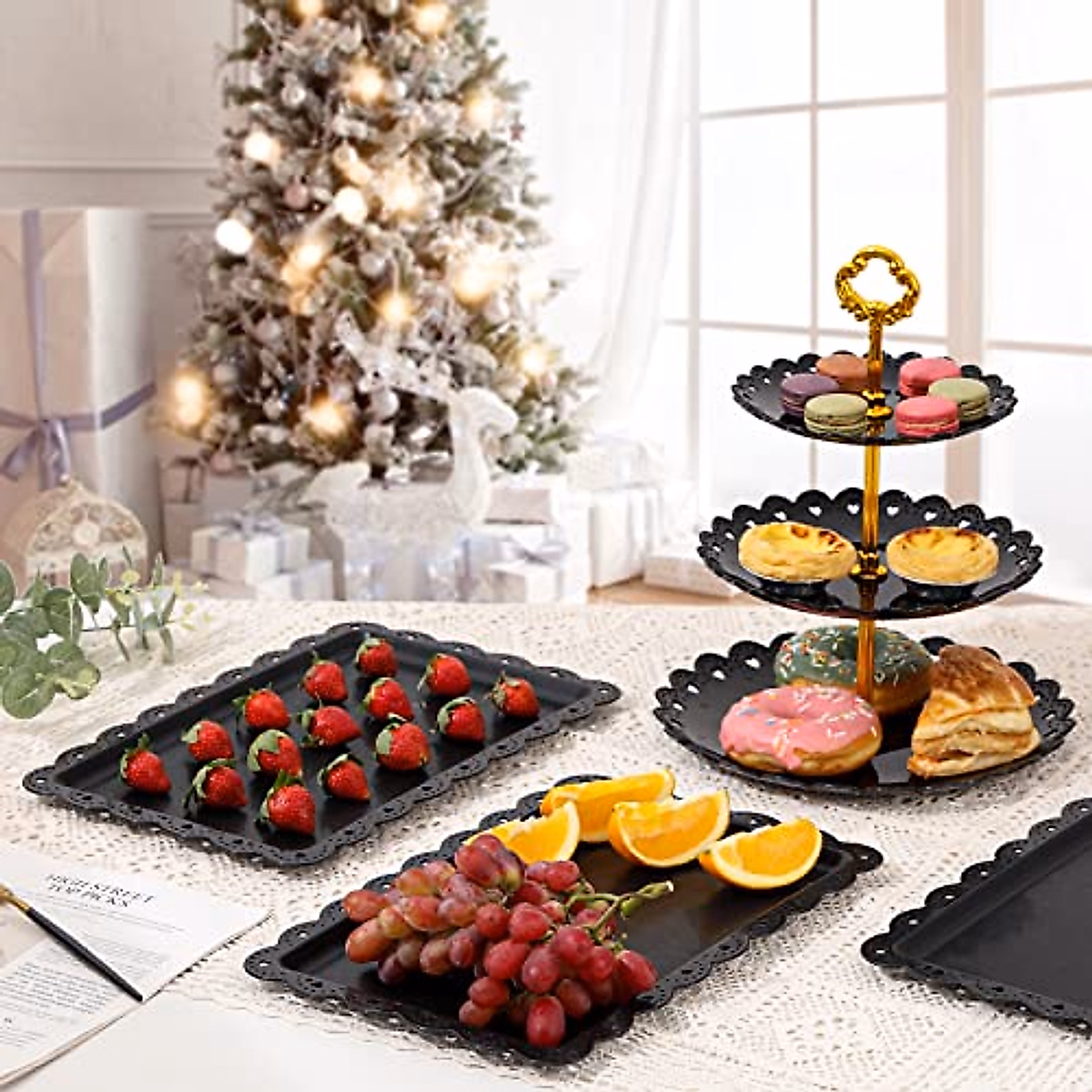 Plastic Serving Trays Food Tray - 14" x 9" Black Rectangle Serving Platter for Party | Cafeteria | Kitchen | Restaurant - Set of 4 Small Flat Trays for Dessert | Fruit | Cookie | Snack | Appetizer