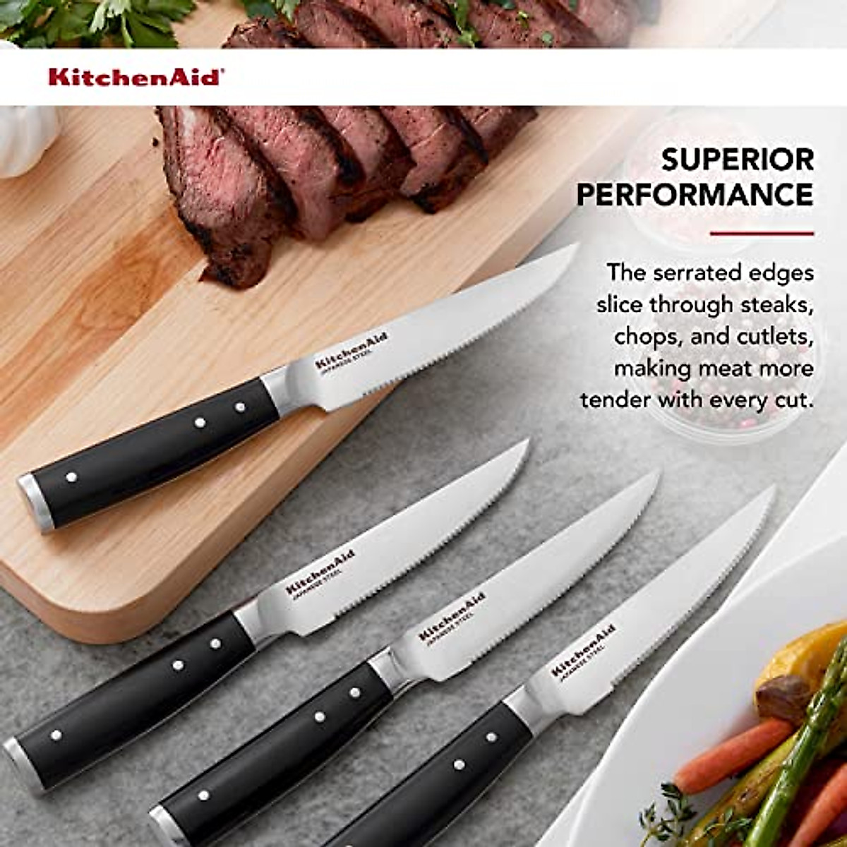KitchenAid Gourmet 4 Piece Forged Triple Rivet Steak Knife Set, High Carbon Japanese Steel, Sharp Kitchen Knife Set, 4.5 inch, Black