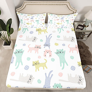 Cat Sheets with Deep Pocket Fitted Sheet Full Size, Cute Kitten Cat Sheet Set Colorful Cat Animals Bed Sheets Set for Kids Toddler Kawaii Pet Cats Bedding Set 4Pcs