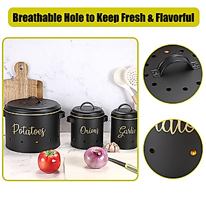 OwnMy Set of 3 Potato Onion Garlic Storage Bins Vegetable Containers Food Containers for Kitchen Counter, Potato Onion Storage Containers for Pantry Garlic Storage Jars Vegetable Canisters Set, Black