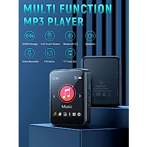 DONEST 64GB MP3 Player Bluetooth 5.2 Touch Screen Music Player with Speakers Lossless Sound Quality mp3 with FM Radio Recording E-Book 1.8 inch Screen Includes Back Clip/Player Case/Earphone/TF Card