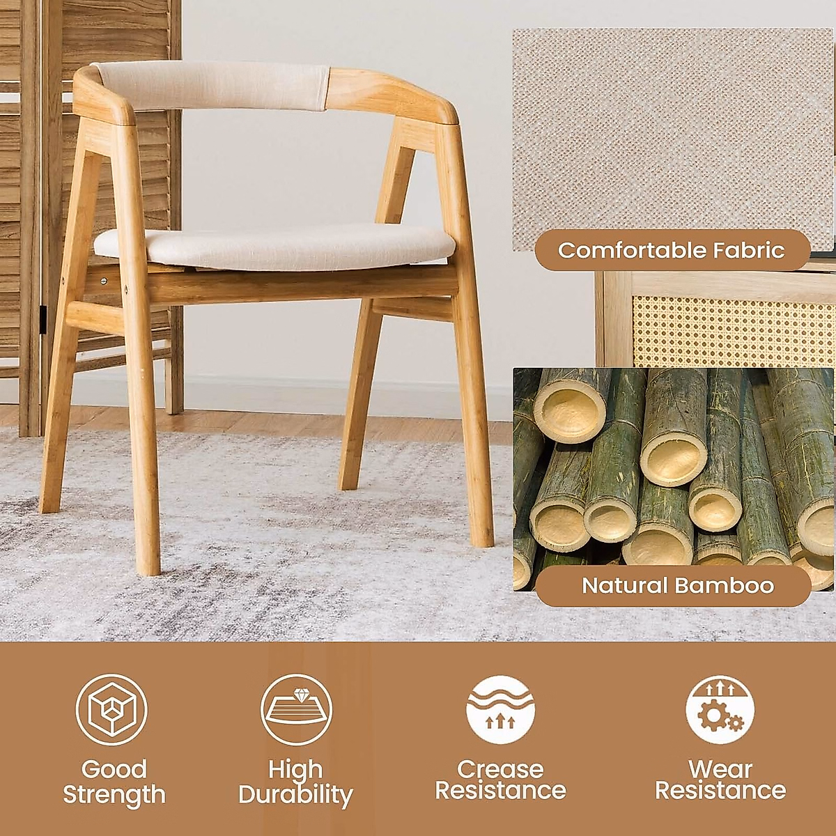 UJOYPAD Modern Mid Century Curved Back Leisure Chairs, Accent Fabric Leisure Chair with Anti-Slip Foot Pads,Bamboo Dining Chair Armchair for Living Room,Bedroom,Natural