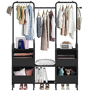 Laiensia Clothes Rack,3 Rods Portable Clothing Hanging Garment Rack,Coat and Shoe Rack with 4 Storage Shelves and 4 Storage Pockets,for Bedroom,Entryway,Living room,Black