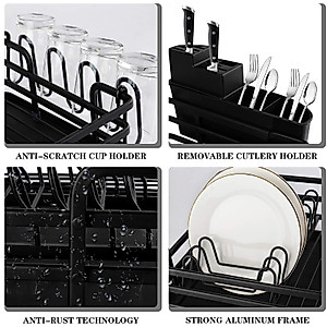 [Upgraded] Aluminum Dish Drying Rack, ROTTOGOON Rustproof Dish Rack and Drainboard Set with Drainage, Utensil Holder, Cup Holder, Compact Dish Drainer for Kitchen Counter Cabinet, 16.9" x 12.2", Black
