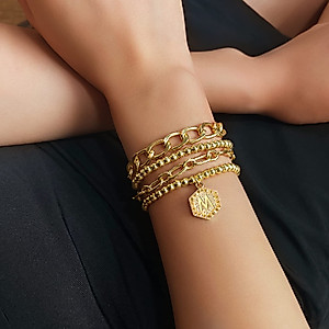 Gold Initial S Bracelets Stackable Bead Bracelet Set Layered 14k Gold Plated Stretch Letter Initial Bracelets Gold Chain Bangles Paperclip Link Charms Bracelet