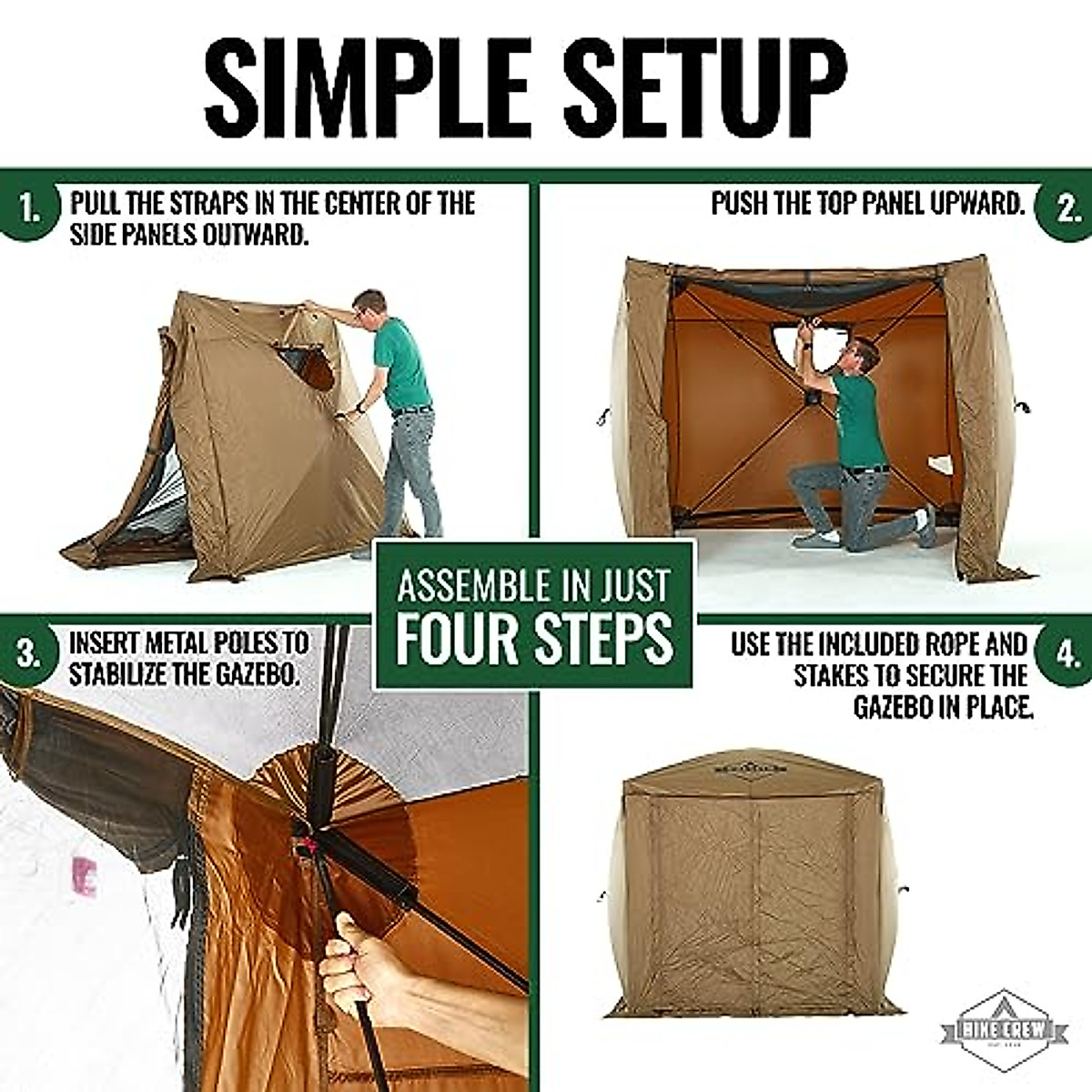 Hike Crew 6.5’ x 6.5’ Enclosed Waterproof Pop-Up Gazebo Tent | 4-Sided Outdoor Canopy Shelter w/Built-In Floor, Screened Roof & Cover, Built-In Awning, Stakes, Ropes & Carry Bag | UV Resistant SPF 50+