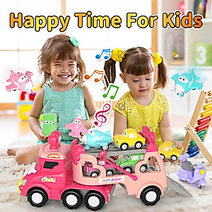 newcrave Toys for 1 2 3 Year Old Girl Truck, 7-in-1 Carrier Truck Cars Toys for Girl, Toddler Girls Toys Age 1-2 2-3, Princess Toy with Light & Sound, Easter Birthday Gifts for 1 2 3 Year Old Girls