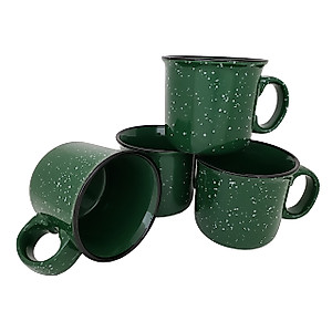 Essential Drinkware 14oz Ceramic Campfire Coffee Mug (Set of 4), Green with Speckled Finish - Durable Thick Walled Camping Style Cup for Outdoors or Home