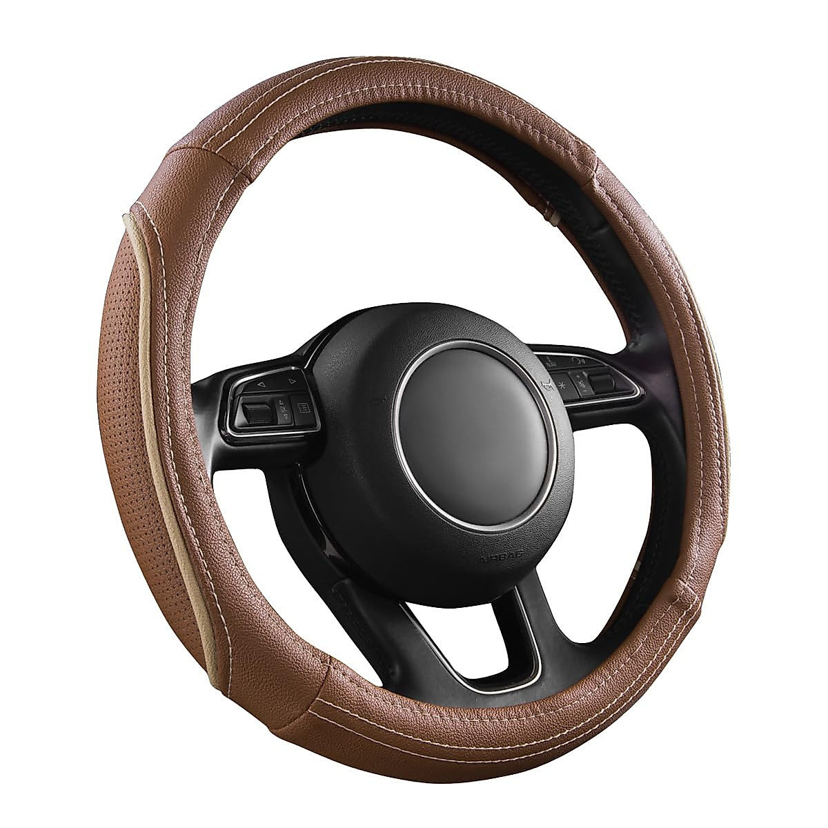 CAR PASS Line Rider Delux Leather Steering Wheel Cover, Universal Fit for Suvs,Sedans,Vans,Trucks for 14.5" to 15"(Brown & Beige)