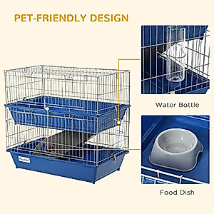PawHut 2-Tier Guinea Pig Cage, Ferret Cage, Chinchilla Cage, Small Animal Cage Indoor with Dish and Bottle, 2 Doors, Deep Bottoms, Ramp, 28", Blue