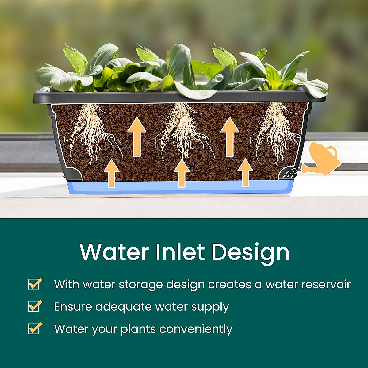 CEED4U Window Box Planter, 17 Inches 3 Packs Black Rectangular Planters Box with Saucers and 15Pcs Plant Labels, Self-Watering Drainage Holes, Windowsill Decor Outdoor Indoor Plastic Long Pots