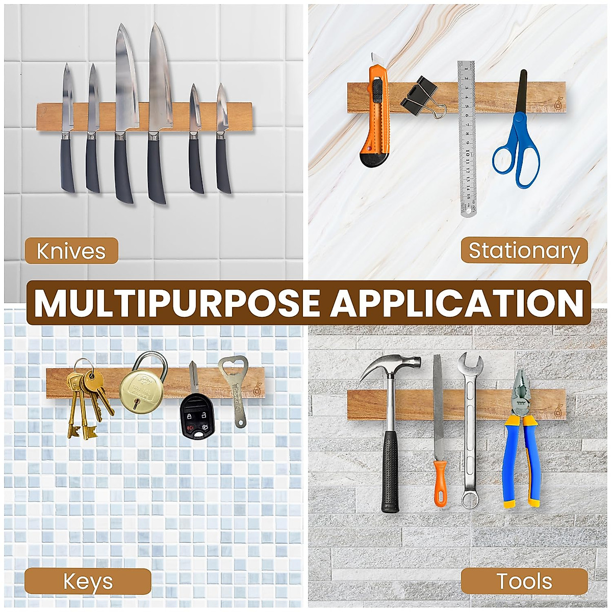 Acacia Wood Stronger Magnetic Knife Holder for Wall (16” x 2” x .78”) - Magnetic Knife Block- Adhesive Knife Magnetic Strip - Easy-to-Install Kitchen Utensil and Holder for Modern Kitchen Knife Holder