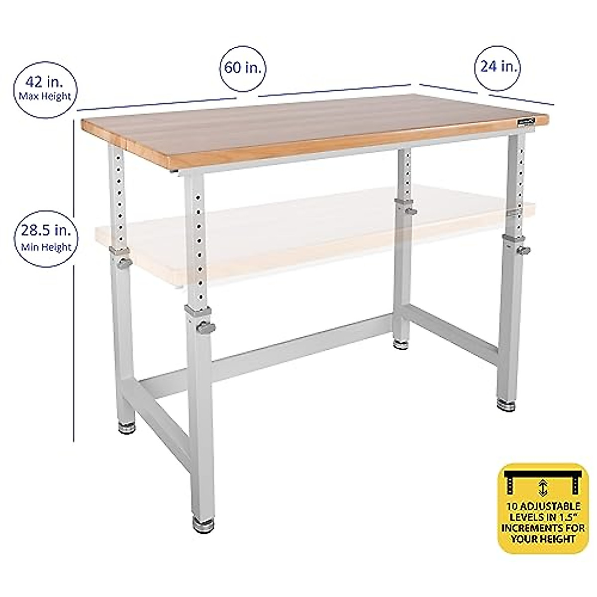 Seville Classics UltraHD Heavy Duty Workbench Table w/Solid Wood Top, 1000 lbs. Weight Capacity Workstation for Garage, Warehouse, Workshop, Granite, 60" W x 24" D x 28.5" to 42" H Desktop