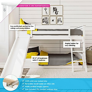 Max & Lily Twin Over Twin Low Bunk with Slide and Ladder, Wooden Bunk beds with 14” Safety Guardrail for Kids, Toddlers, Boys, Girls, Teens, Bedroom Furniture, White
