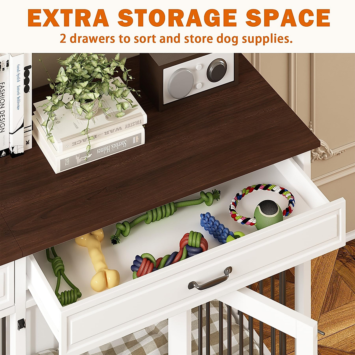 MOOLIVE Large Double Dog Crate Furniture, 72.4" Wooden Dog Crate Furniture with Divider and 2 Drawers, XXL Heavty Duty Dog Crates Furniture for 2 Medium or Large Dogs Indoor, White + Walnut