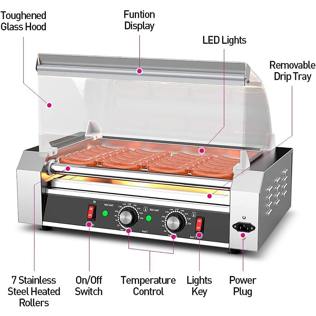 TREEYX 7 Roller Grill Hot Dog Warmers Cooker Machine Stainless Steel with Dual Temp Control, Detachable Acrylic Cover LED