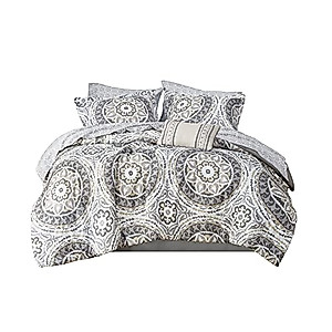 Madison Park Essentials Serenity Bed in a Bag Comforter Set, Medallion Damask Design, All Season Bedding with Cotton Sheet Set, Bedskirt, Queen(90"x90"), Taupe 9 Piece