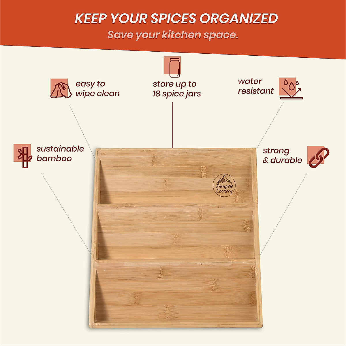 Pinnacle Cookery Bamboo Spice Rack Organizer For Countertop – Eco Friendly Seasoning Organizer 3-Tier Spice Shelf – Space Saving Wooden Spice Rack