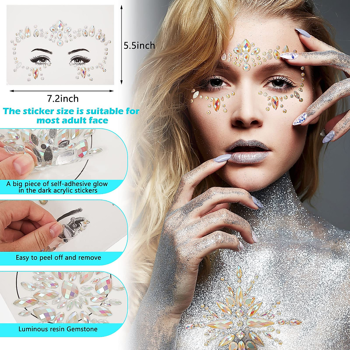 14 Sheets Glow in The Dark Face Jewels Body Gems and Chunky Glitter Noctilucent Halloween Party Makeup Self Adhesive Luminous Face Rhinestone Tattoo Stickers