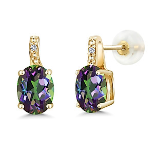 Gem Stone King 10K Yellow Gold 8X6MM Oval Gemstone Birthstone and White Diamond Earrings | Gold Earrings for Women