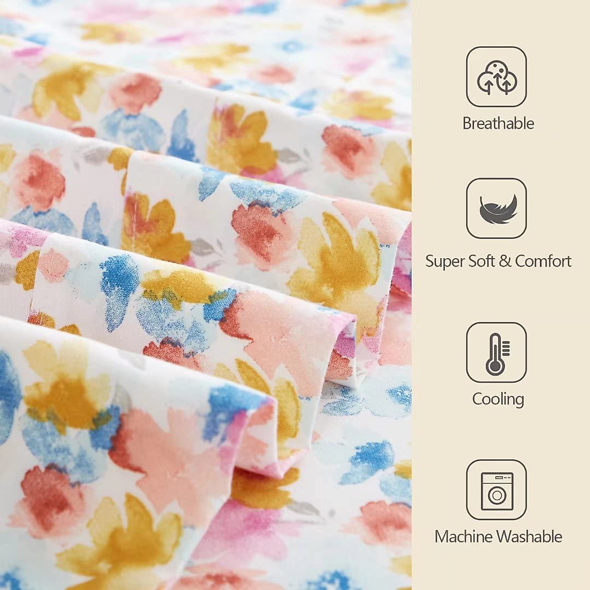 KACEMOO Queen Floral Sheet Set 4PC Yellow Flower Printed Sheets for Queen Pattern Sheets Microfiber Soft Cooling Luxurious Brushed Bed Sheets with 17”Deep Pocket, Easy Care, Breathable, Wrinkle Free
