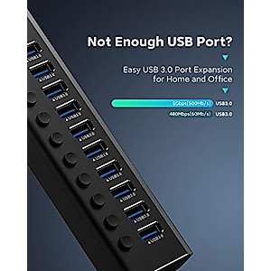 Powered USB Hub 3.0 ikuai Aluminum 10 Port USB 3.0 Data Hub Splitter with 12V/3A 36W Power Adapter and Individual On/Off Switches for Desktop PC Laptop and More