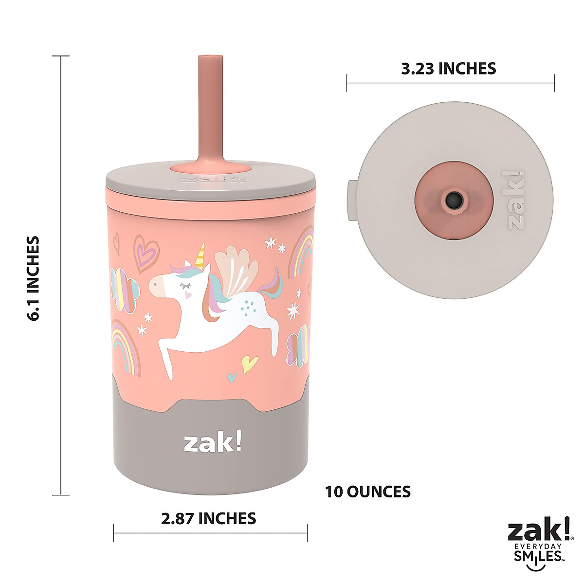 Zak Designs Unicorn Mighty Tot Kids Tumbler with Screw-On Lid and Silicone Straw, Durable and Spill-Proof with Tip-Proof Base is Easy to Lift, Perfect Baby Cup Bundle (10 oz, 2-Piece Set, Unicorn)