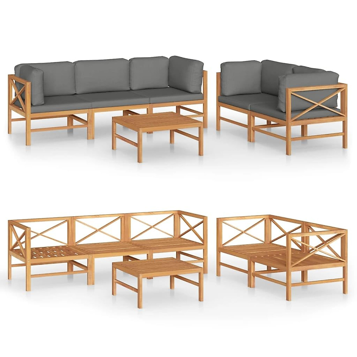 VRAXO 6 Piece Patio Lounge Set with Gray Cushions Solid Teak Wood,Outdoor Furniture Sets-140.47lbs