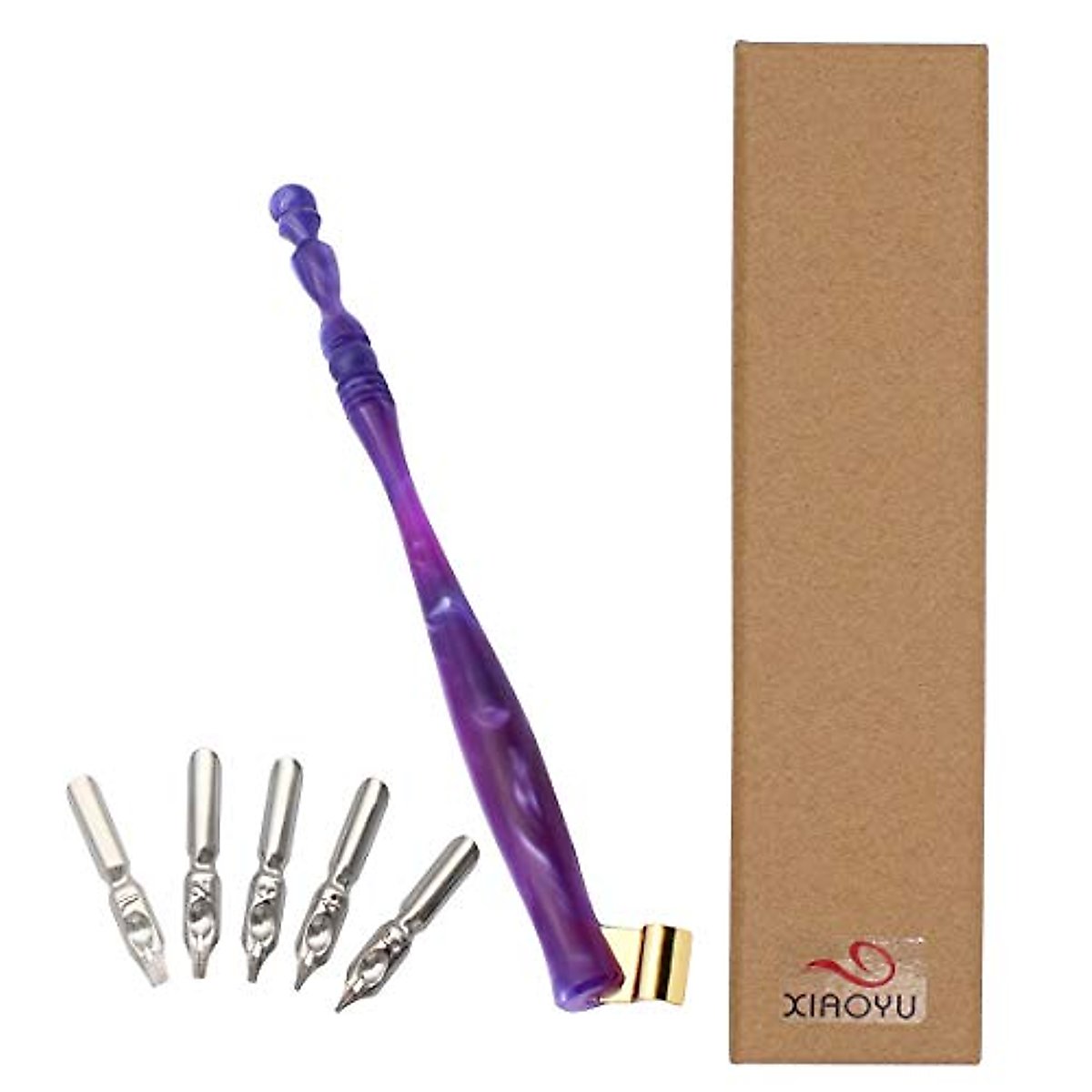 Xiaoyu Calligraphy Oblique Nib Pen Holder, English Calligraphy Pen Nib Holder, Resin Dip Pen Handle Nib Holder with 5 Flat Nibs, Blue and Pruple