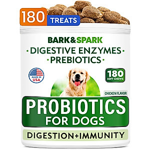 BARK&SPARK Dog Probiotics & Digestive Enzymes (Gut Health) Allergy & Itchy Skin - Pet Diarrhea Gas Treatment Upset Stomach Relief, Digestion Health Prebiotic Supplement Tummy Treat (180Ct Chicken)