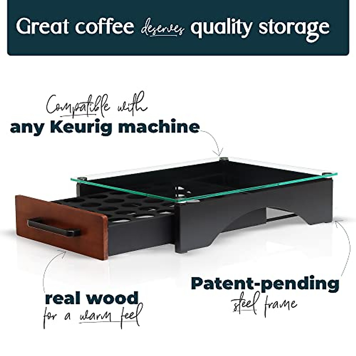 K Cup Storage Drawer Under Brewer by Saratoga Home - K Pod Holder for K Cups Compatible for Keurig Coffee Pod Holder, K Cup Organizer Drawer With Solid Steel and Real Wood, K Cup Holders for Counter