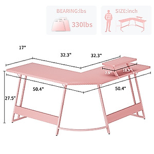 VICTONE L Shaped Gaming Desk, Corner Desk with Monitor Stand, Computer PC Table for Home Office Writing Studying Working, Space-Saving, Easy Assemble(Pink,51'')