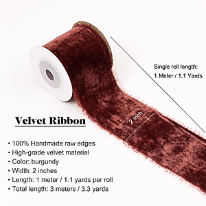 Mlurcu Silk Velvet Ribbon 2 Inch Handmade Frayed Fringe Ribbon Rustic Boho Raw Edge Fabric Ribbons for Wedding Vow Books Invitations Bridal Bouquets Gift Wrapping Christmas Baby Shower Decorations