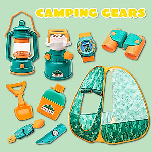 JOYIN 41Pcs Kids Camping Tent Set with Kids Camping Gear, Camping Set Includes Kids Tent, Oil Lantern, Food Toys, Binoculars, Flashlights, Compass and More, Pretend Play Camp Gear Tools for Christmas