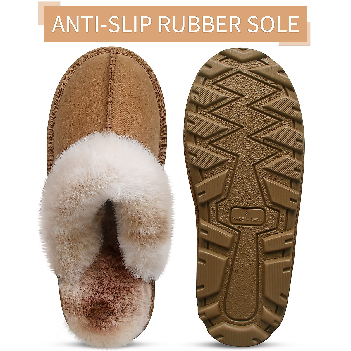 EZSURF Womens Fuzzy Outdoor House Slippers Super Soft Slip On Slippers Cozy Plush Faux Fur Scuff Indoor Fluffy Slipper Shoes Rubber Sole,Chestnut 9-10