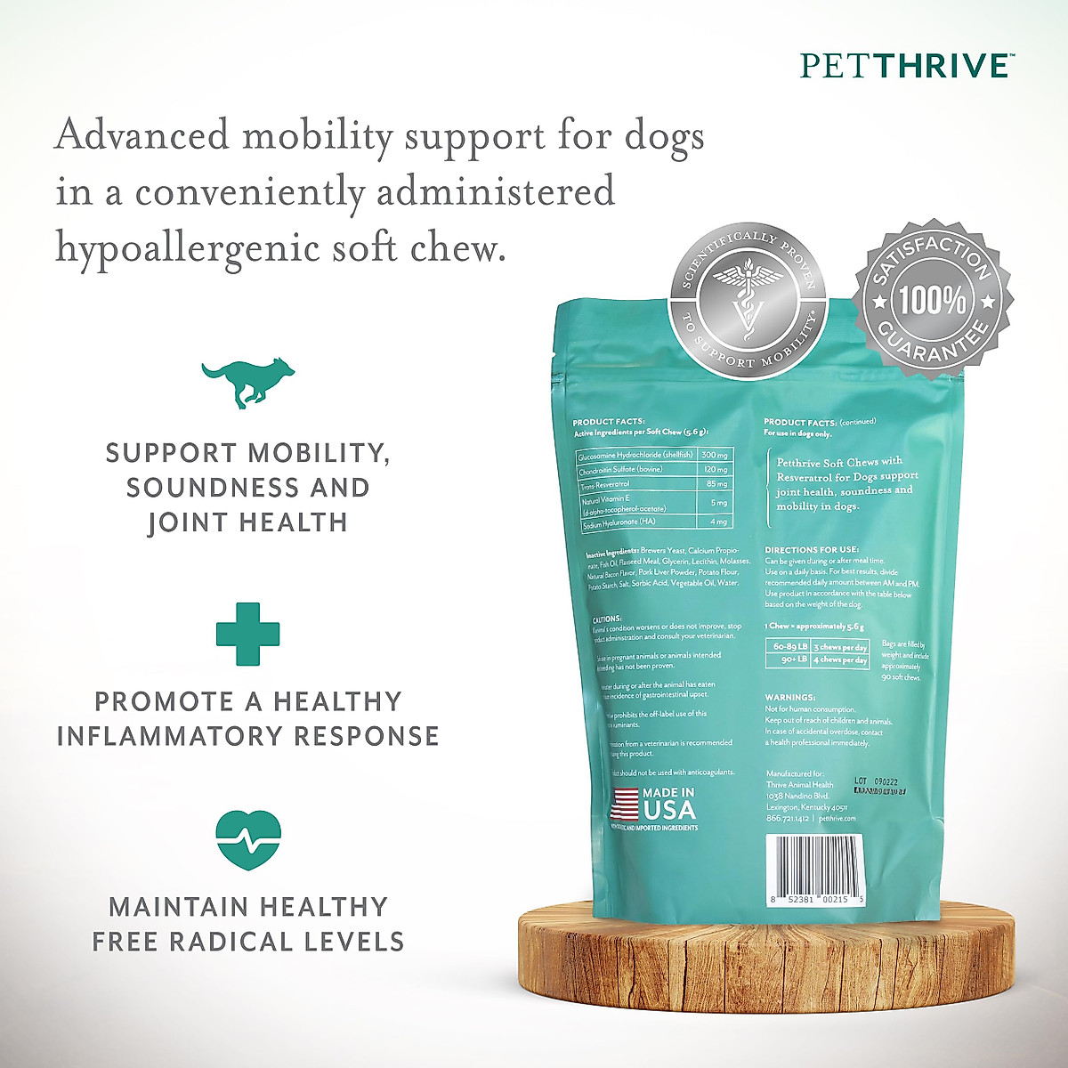 PetThrive Dog Hip and Joint Support Supplement Soft Chews with Resveratrol, Glucosamine, Chondroitin, Hyaluronic Acid, Bacon Flavor, Large Breed