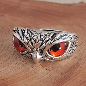 925 Sterling Silver Owl Ring blue or red eyes for men and women animal jewelry (Blue)