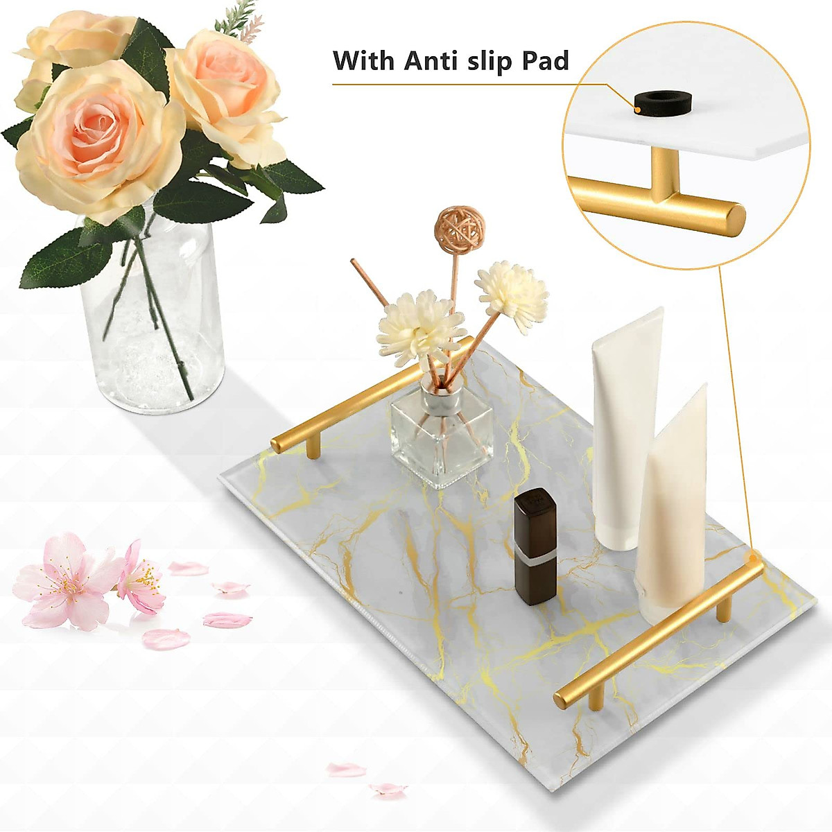 Vanity Tray White Marble with Golden Decorative Tray Bathroom Acrylic Jewelry Perfume Trays with Handle Makeup Dresser Cosmetic Bedroom Kitchen, 12x8 in