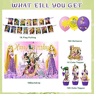 Rapunzel Birthday Party Decoration Supplies Includes Backdrop Banner, Balloons, Cake Toppers for Girl Party Favor